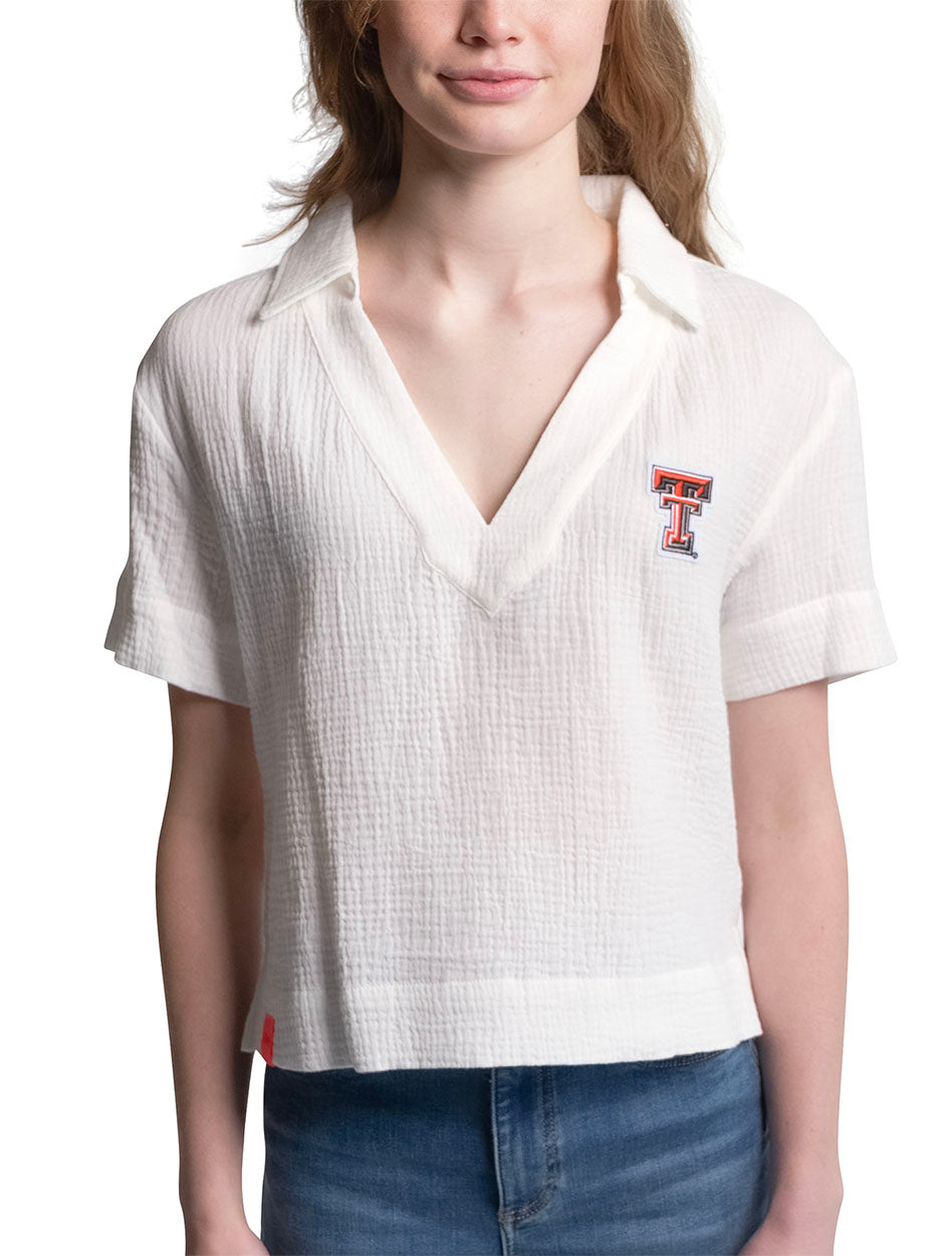 Texas Tech Lusso "Noah" Gauze V-Neck Crop Top – Red Raider Outfitter